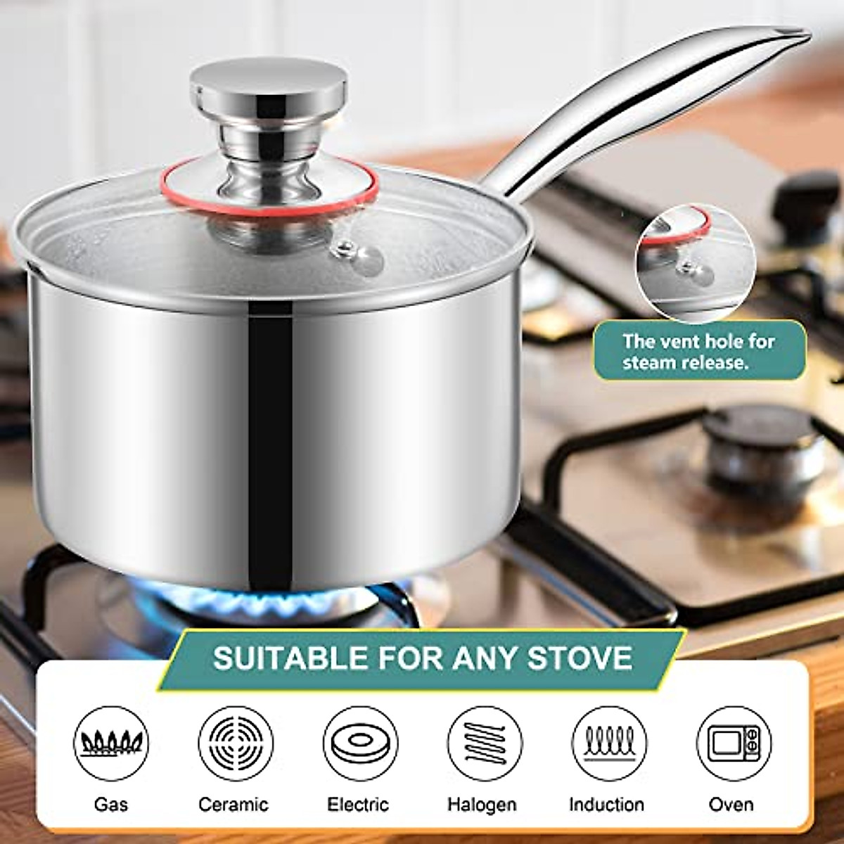 LIANYU 2QT Saucepan with Lid, Triply 18/10 Stainless Steel Sauce Pan with Stay-cool Handle, 2 Quart Induction Saucepan Pot for Cooking Pasta Soup, Small Saucepan with Thick Bottom, Dishwasher Safe