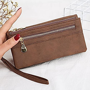 Women Vegan Leather Wallet Long Bifold Clutch Wallet for Women with Zipper Coin Pocket Purse (Coffee)