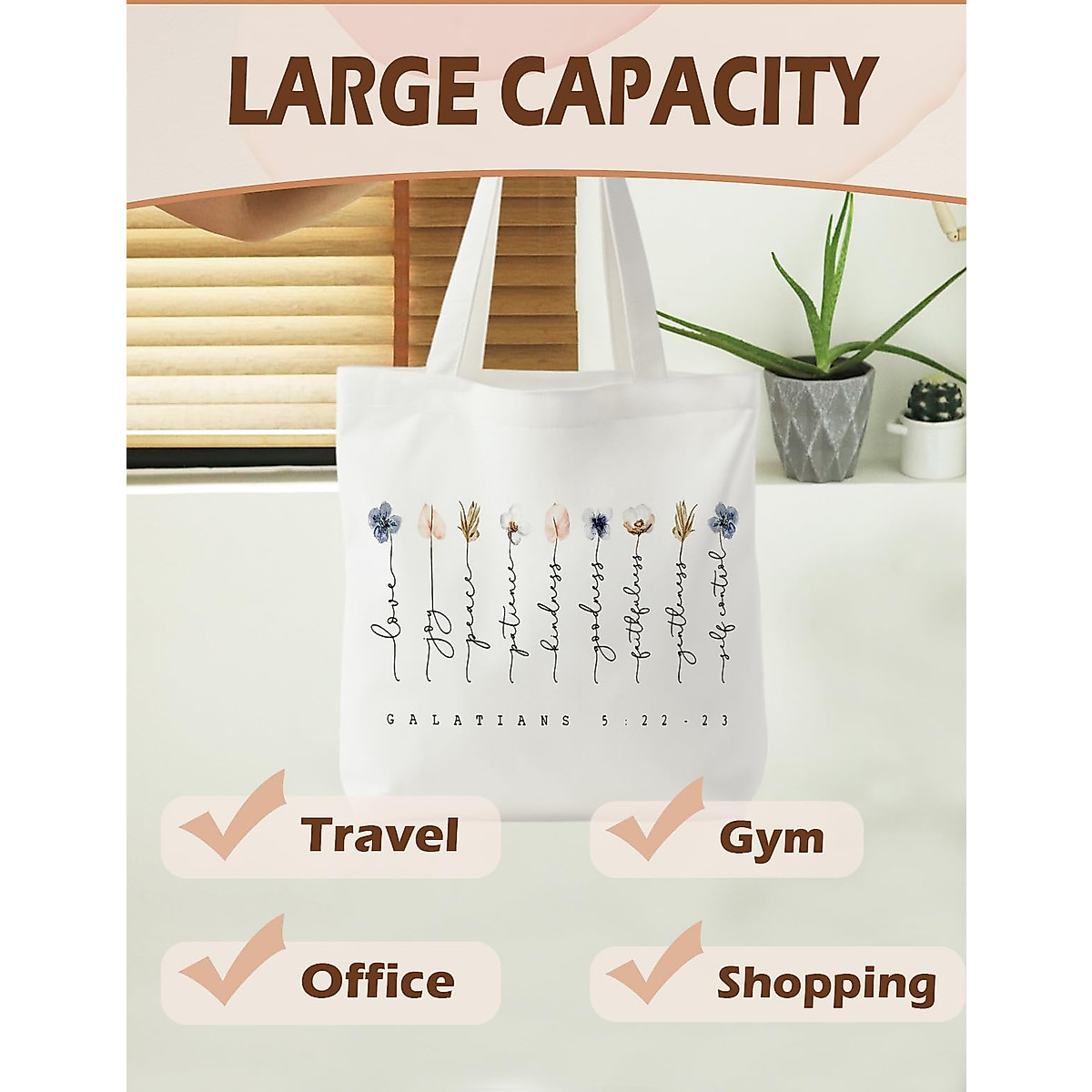 Supwhd Bible Bags for Women, Christian Tote Bag, Fruit of the Spirit Galatians 5:22-23, Gifts for Christian Women, Bible Verse Christian Canvas Tote Bags for Women