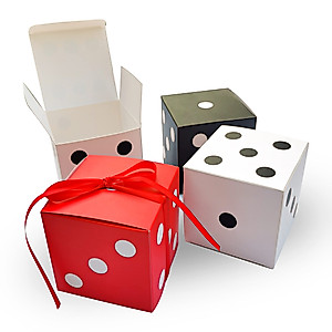 24 Pack Dice Favor Boxes 4x4x4 inches casino theme party decorations dice Boxes Bulk for centerpieces with Ribbon dice Game Night Party Decorations Casino Night Party Decoration , Black Red White