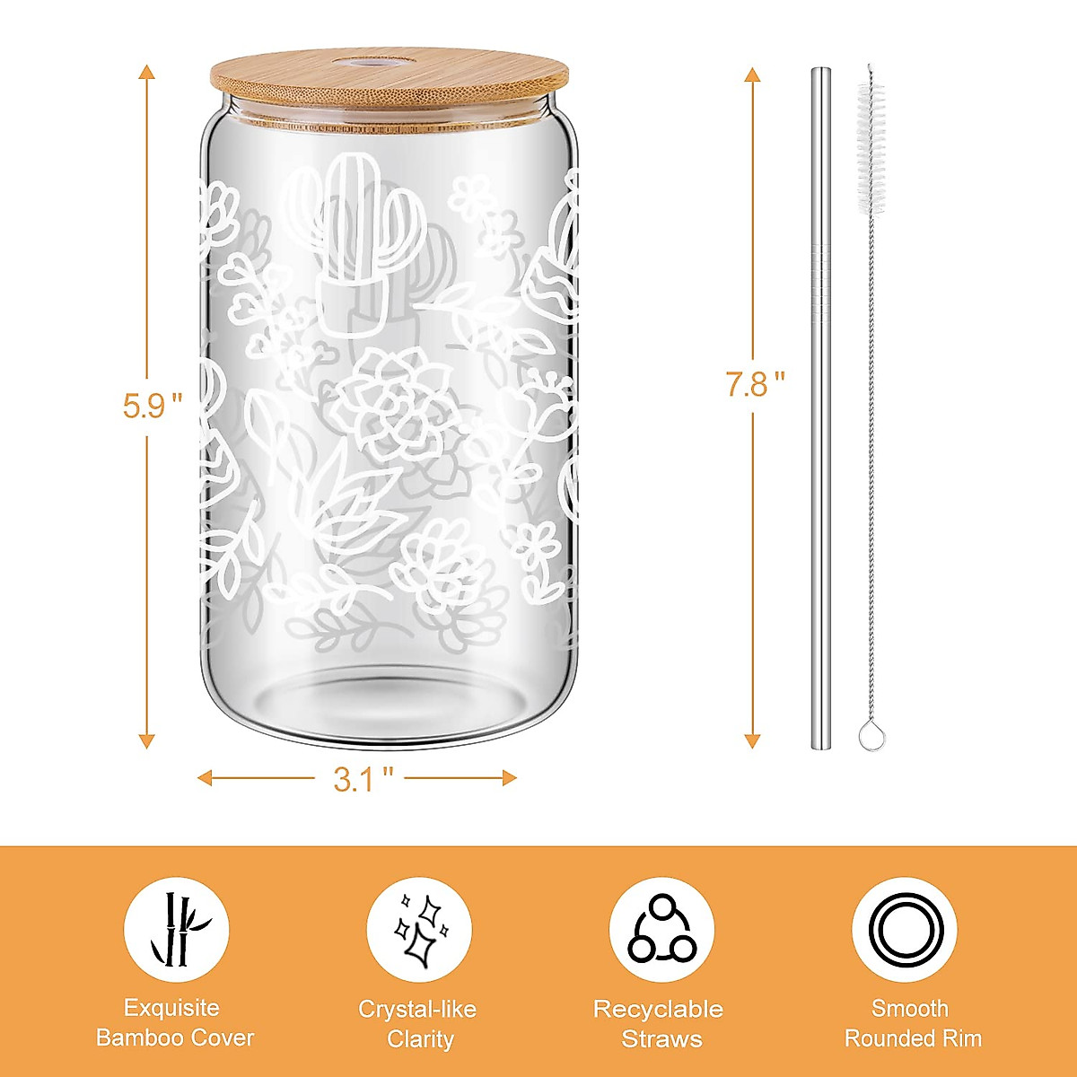 Plant Lover Iced Coffee Glasses with Bamboo Lids and Straw, Cute Cactus With Floral Drinking Beer Can Shaped Cup, Aesthetic Gardening Succulent Gifts for Plant Mom Women friend wife