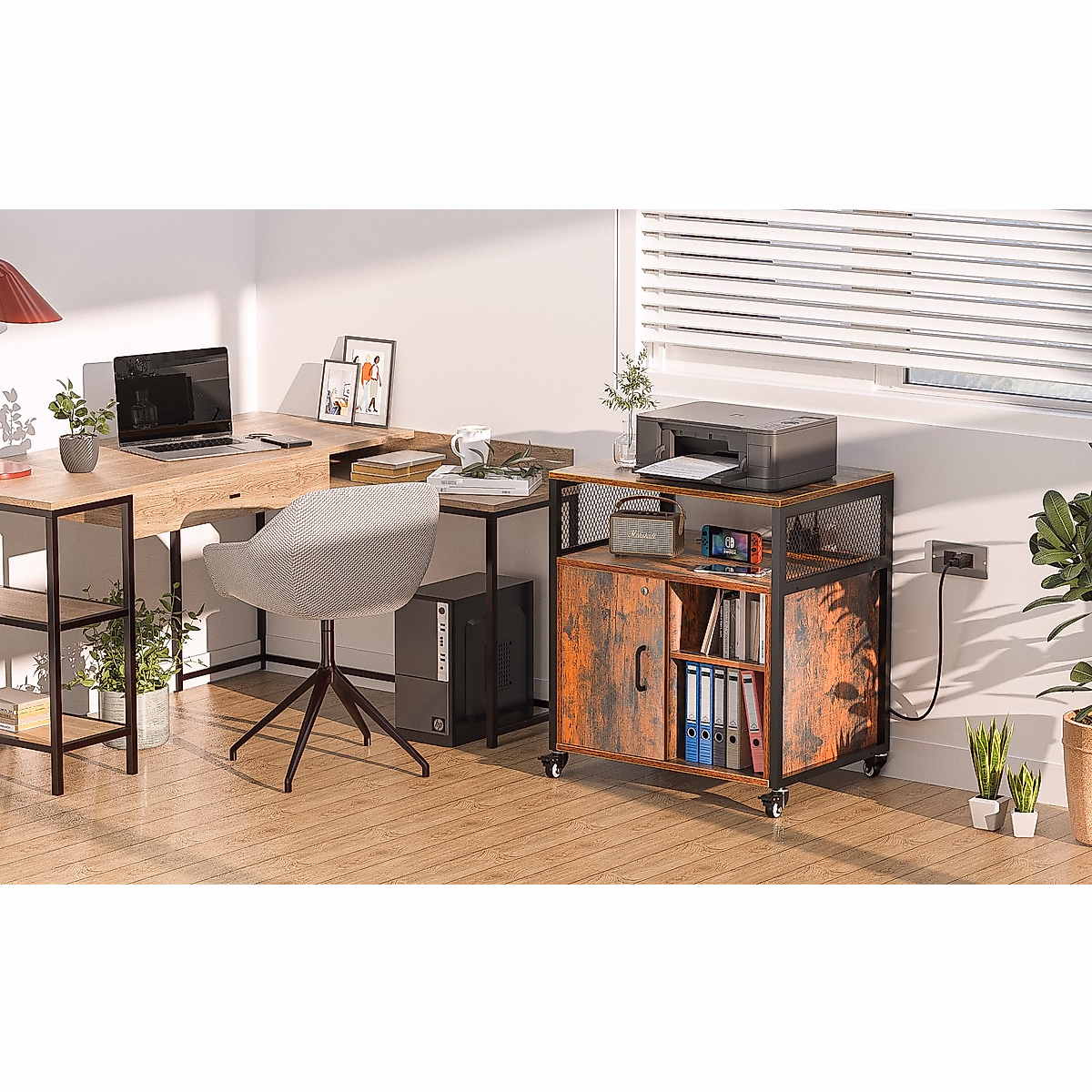 LOWOSA Braking Wheels Filing Cabinet with Lock, File Cabinets with Charging Station, Printer Stand with Storage for Office Home, A4 Letter Size File Folders