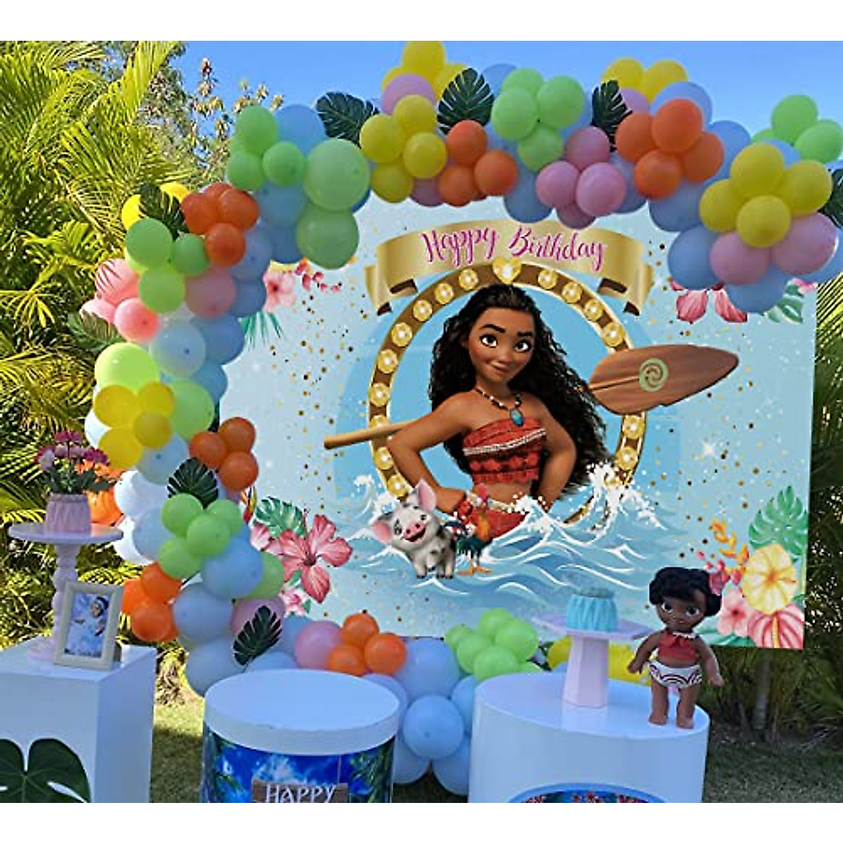 Summer Beach Baby Moana Theme Backdrops Pink Flowers Blue Water Girls 1St Birthday Party Background Baby Shower Moana Cake Table Decoration Banner Photo Studio Props (5x3ft)