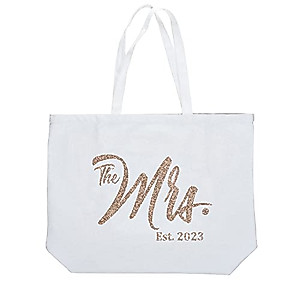 ELEGANTPARK Future The Mrs. EST. 2023 Personalized Bride Tote Wedding Bachelorette Bridal Shower Gifts Large Shoulder Bag White with Champagne Glitter