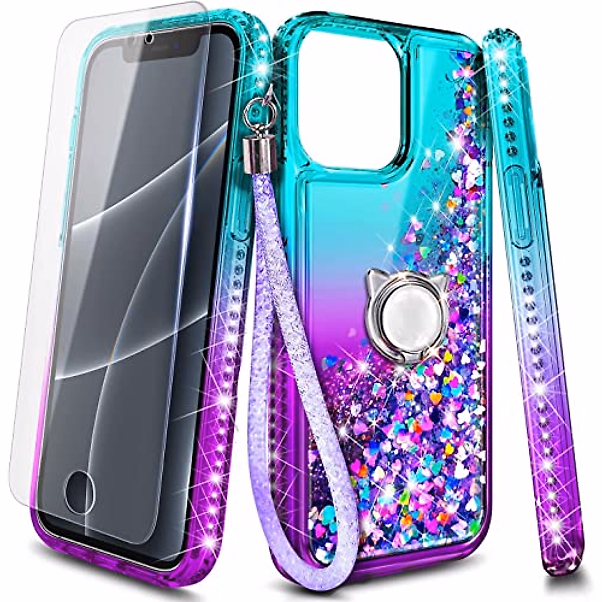 NGB Supremacy Compatible with iPhone 13 Mini Case with Tempered Glass Screen Protector/Ring Holder/Wrist Strap, Girls Women Liquid Bling Sparkle Floating Glitter Cute Phone Case (Aqua/Purple)