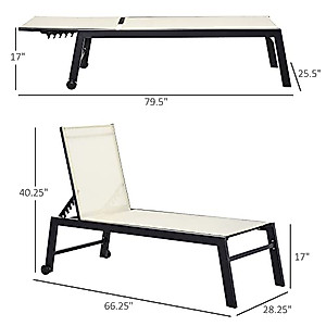 Outsunny Outdoor Chaise Lounge with Wheels, Five Position Recliner for Suntanning, Sunbathing, Steel Frame, Breathable Fabric for Beach Yard, Patio, Cream White