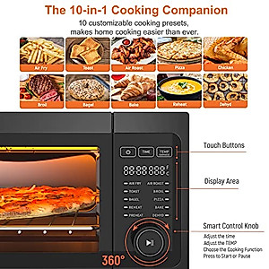 Air Fryer Toaster Oven Combo - Fabuletta 10-in-1 Countertop Convection Oven 1800W, Flip Up & Away Capability for Storage Space, Oil-Less Air Fryer Oven Fit 12" Pizza, 9 Slices Toast, 5 Accessories