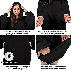 Daverose Oversized Wearable Blanket Hoodie for Women Men Adults, Fleece Hoodie Blanket Sweatshirt with Giant Hood & Pocket for Teens, Cozy Hooded Blanket as A Gift Indoor & Outdoor, Black
