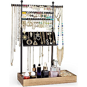 SOLIMINTR Jewelry Organizer, Jewelry Stand with Necklace Display Holder 3 Tier Earring Organizer Rustic Wood Base Tray with Ring Stand Jewelry Storage Tower for Women Girls Gift