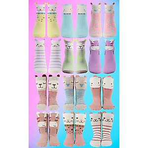 Tiny Captain Baby Toddler Girls Animal Grip Socks Tube Socks Anti-Slip Cartoon Sock (1-3T, Pink and Pastel - 12 Pairs)