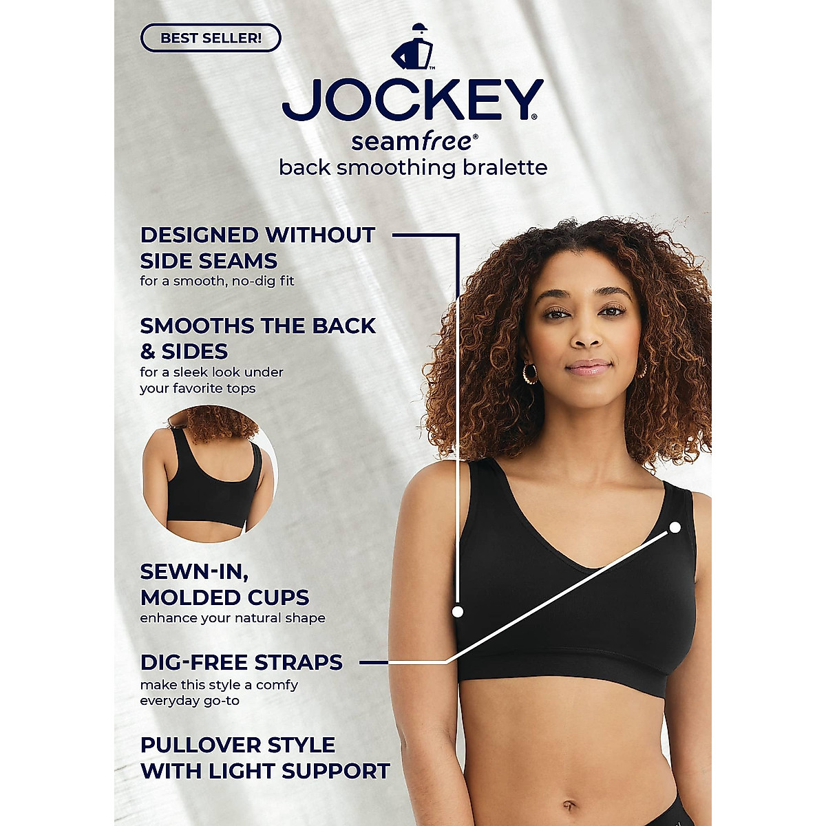 Jockey Women's Bra Seamfree Back Smoothing Bralette, White, XL