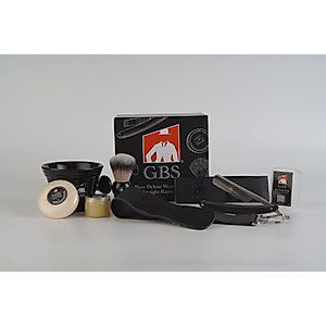 G.B.S Wood Straight Razor, Complete Beard, Shaving kit Box - Mug, Natural Soap, Brush, Alum Block, Strop