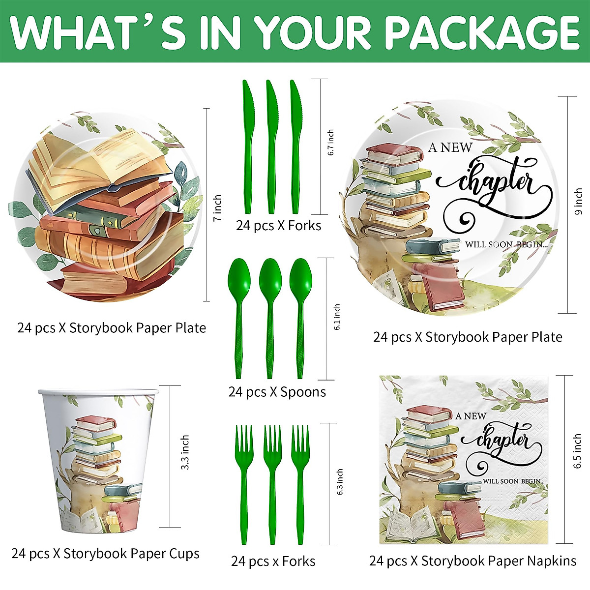 APOWBLS Storybook Baby Shower Decorations Supplies - A New Chapter Will Soon Begin Book Theme Party Decorations, Plate, Cup, Napkin, Cutlery, Library Reading Book Club Decorations Tableware | Serve 24