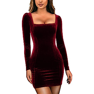 GOBLES Womens Sexy Velvet Long Sleeve Bodycon Elegant Mini Party Dress Wine Red