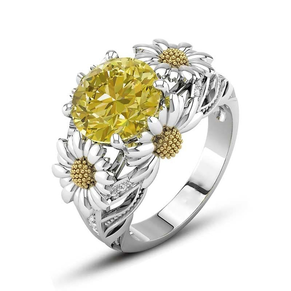 Jewels Store 2.5 Ct Round Cut Citrine Yellow Diamond Sunflower Design Engagement Ring in 925 Sterling Silver White Gold Finish (Silver, 7.5)