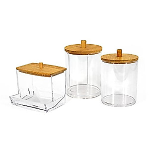 Yujanery 3 Pack Qtip Holder, 10/7-Ounce Bathroom Organizer Accessories Storage Containers Clear Plastic Apothecary Jars with Bamboo Lids for Cotton Ball, Cotton Swab, Floss