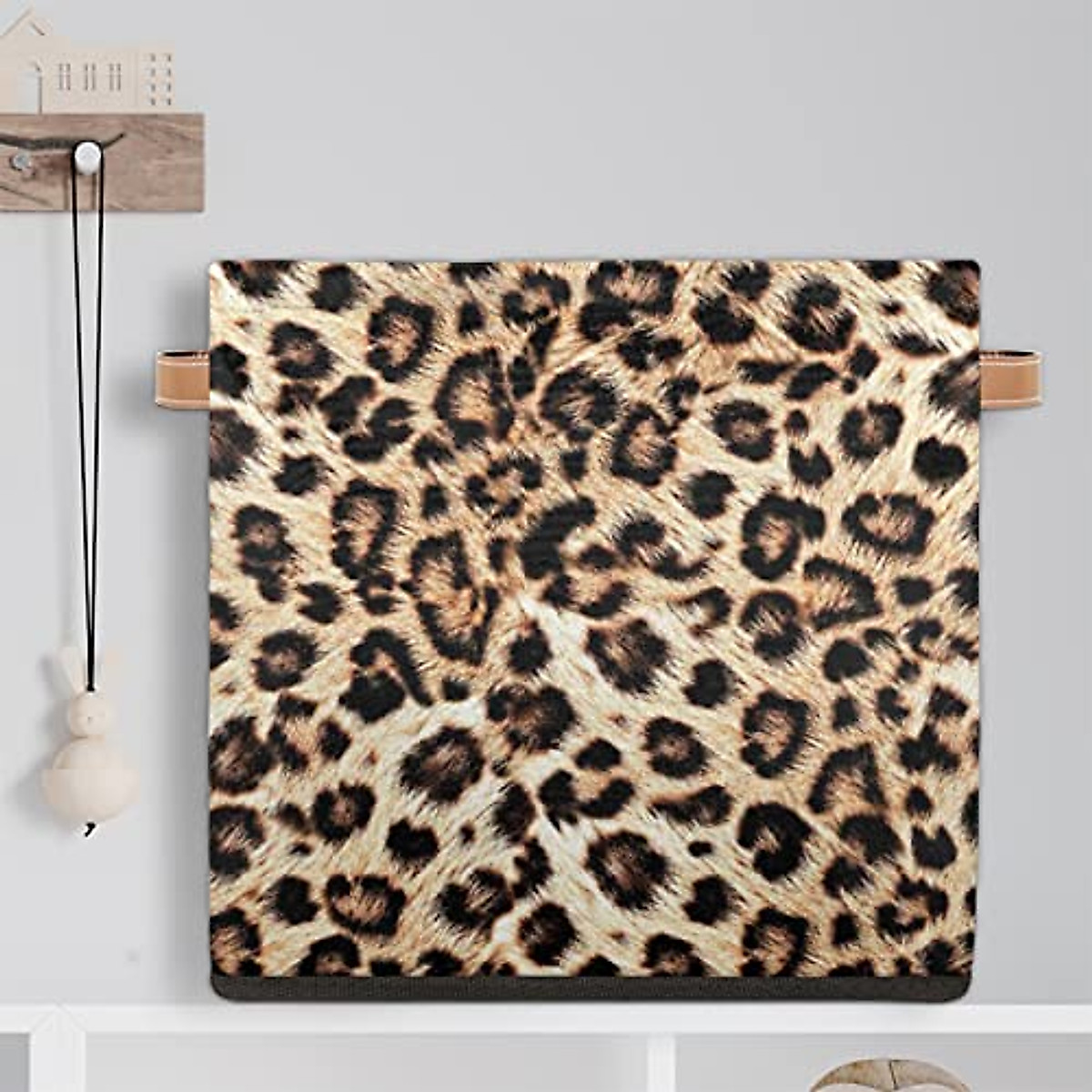 Leopard Wlidlife Print Striped Cube Storage Bins 13 x 13 x 13 inch, Leopard Animals Print Fabric Organizer Bins Basket Boxes with PU Leather Handles Foldable Storage Cube for Clothes Bedroom Closet Shelves