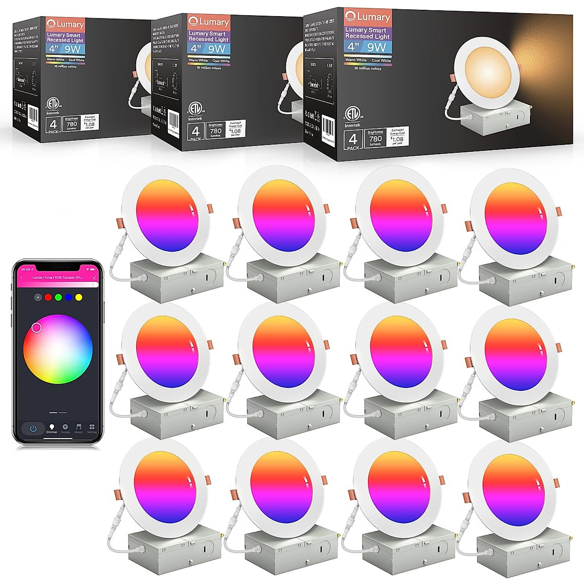 Lumary Smart Recessed Lighting 4 Inch Canless LED Recessed Lights 9W 780lm Color Changing LED Downlight Wi-Fi Bluetooth Soffit Lights with J-Box Work with Alexa/Google Assistant (4 Inch, 12 Pack)