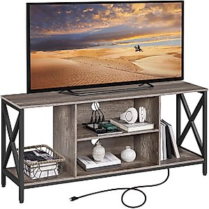 Yaheetech TV Stand for 65 Inch TV, Media Entertainment Center with Power Outlet for Living Room, Industrial TV Console with Side Shelves for PS Storage, Taupe Wood
