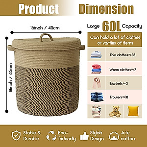Extra Large Storage Basket with Lid 60L, 16"Wx18"H Woven laundry basket with lid Jute Laundry Basket, Wicker Basket Blankets Pillows Storage in Living Room Baby Nursery, Jute/Black Mix with Lid