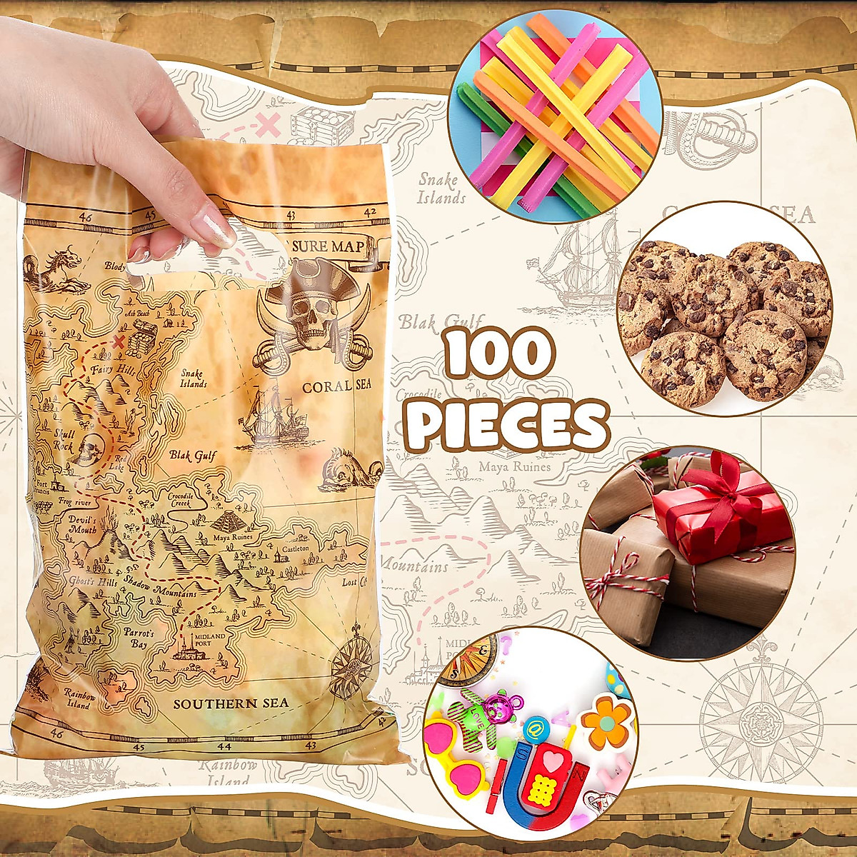 100 Pcs Pirate Party Treat Bags Pirate Candy Goodie Bags Goody Bags Pirate Party Favors Bags Treasure Map Treat Bags Pirate Loot Bags Gift Bag Pirate Cellophane Bags for Nautical Themed Birthday Party