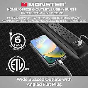 Monster 6ft Heavy Duty Black Power Strip and Tower Surge Protector, 1200 Joule Rating, 6 120V-Outlets, and 2 USB-A Ports- Ideal for Computers, Home Theatre, Home Appliances, and Office Equipment