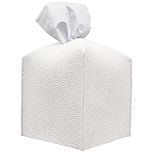 Carrotez Tissue Box Cover, [Refined] Modern PU Leather Square Tissue Box Holder - Decorative Holder/Organizer for Bathroom Vanity Countertop, Night Stands, Office Desk & Car 5"X5"X5" - White