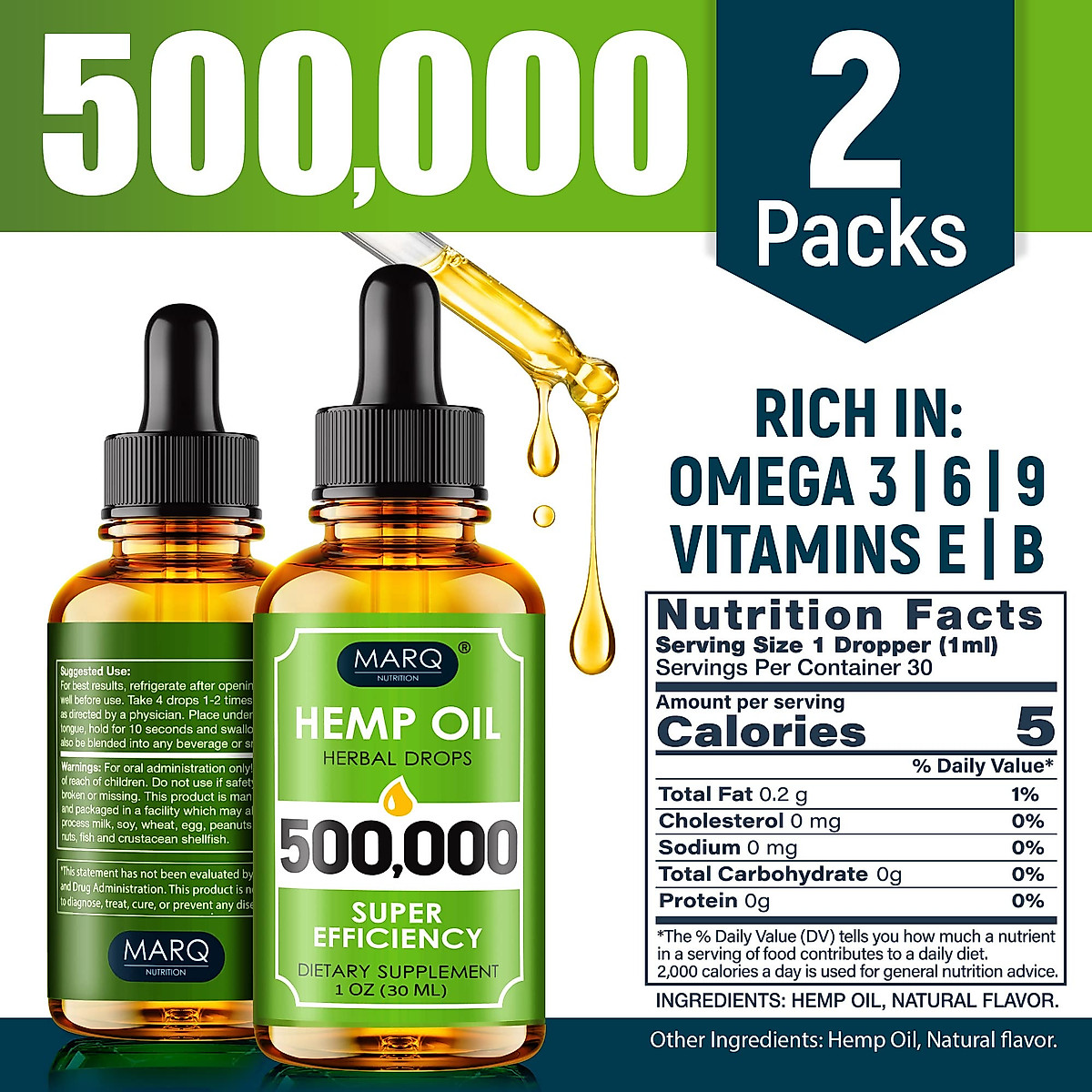 Hеmp Oil (2 Pack) – 500,000 – Colorado Sеed Extract - Natural Omega 3, 6, 9 Source - Made in USA - Providеs Restful Sleep