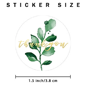 Abeike Thank You Label Sticker 1.5 Round.500 Labels per Roll, Thank You Sticker for Birthday, Wedding, Gift.The Poster Pattern is Two Different Leaves. Golden Font. GreenGold
