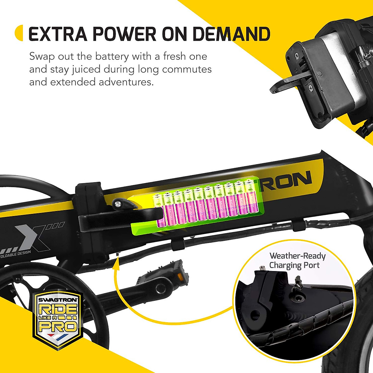 Swagtron Swagcycle EB-5 PLUS Folding Electric Bike with Pedals and Removable Battery, Blue, 14" Wheels