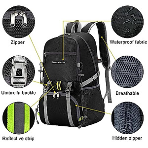 WEREWOLVES Lightweight Waterproof Foldable Small Backpack - Water Resistant Hiking Daypack for Outdoor Camping Travel (35L, Black)