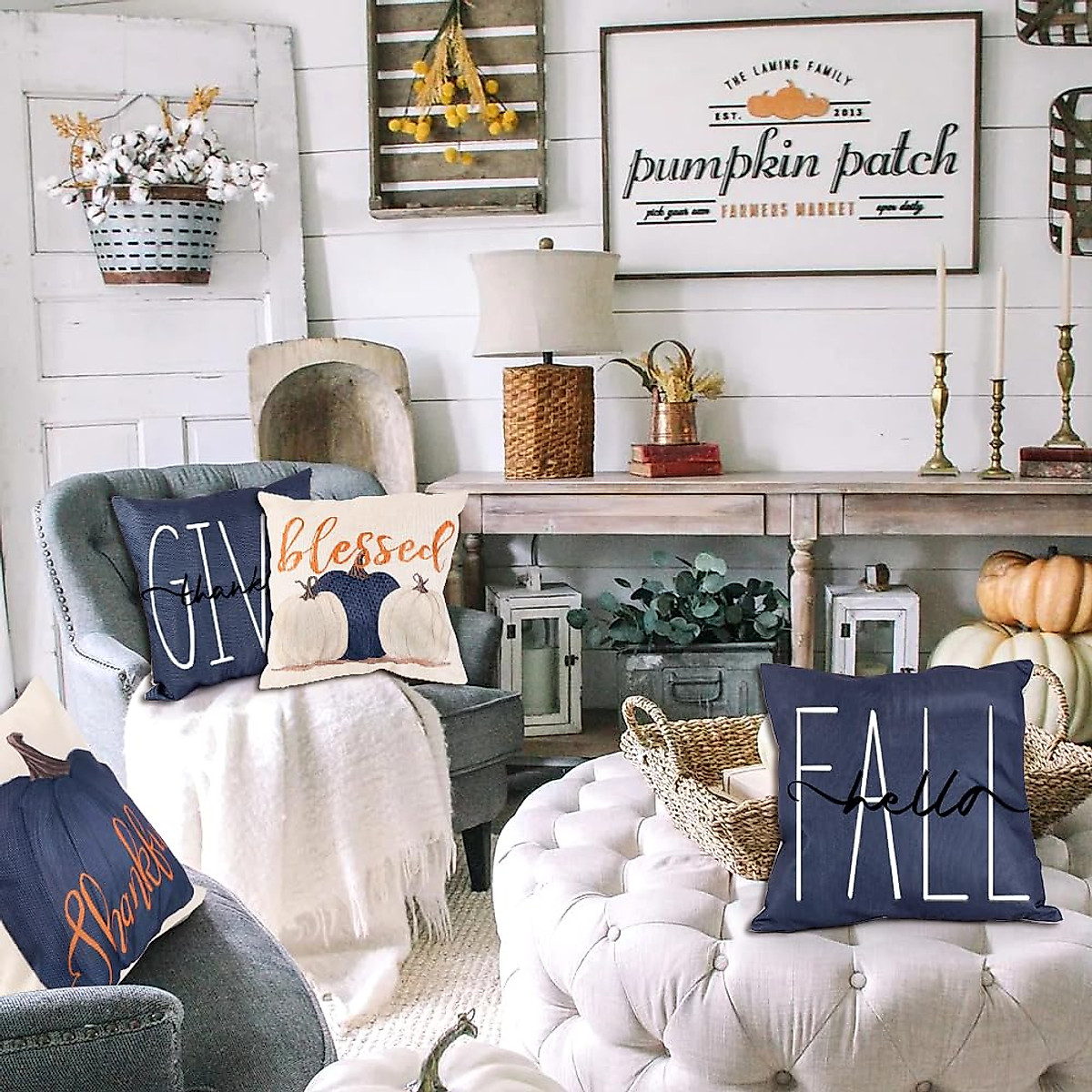 Vellibring Fall Pillow Covers 20 x 20 Inch Blue Pumpkins Throw Pillow Covers for Farmhouse Autumn Cushion Covers Thanksgiving Pillow Case for Indoor Home Bedroom Sofa Decor