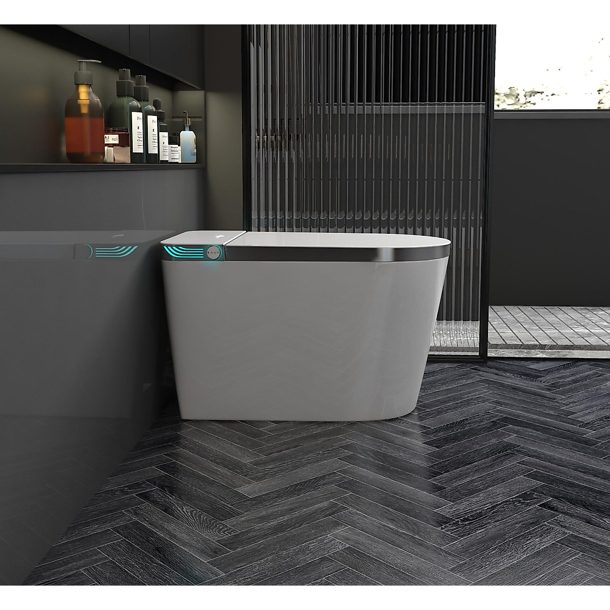 Captiva Smart Bidet Toilet with Voice Command - Fresh Air Filtration System - Heated toilet Seats - Elongated Floor Mount Toilet Smart Concealed Water Tank LED Display - Power Off Flush