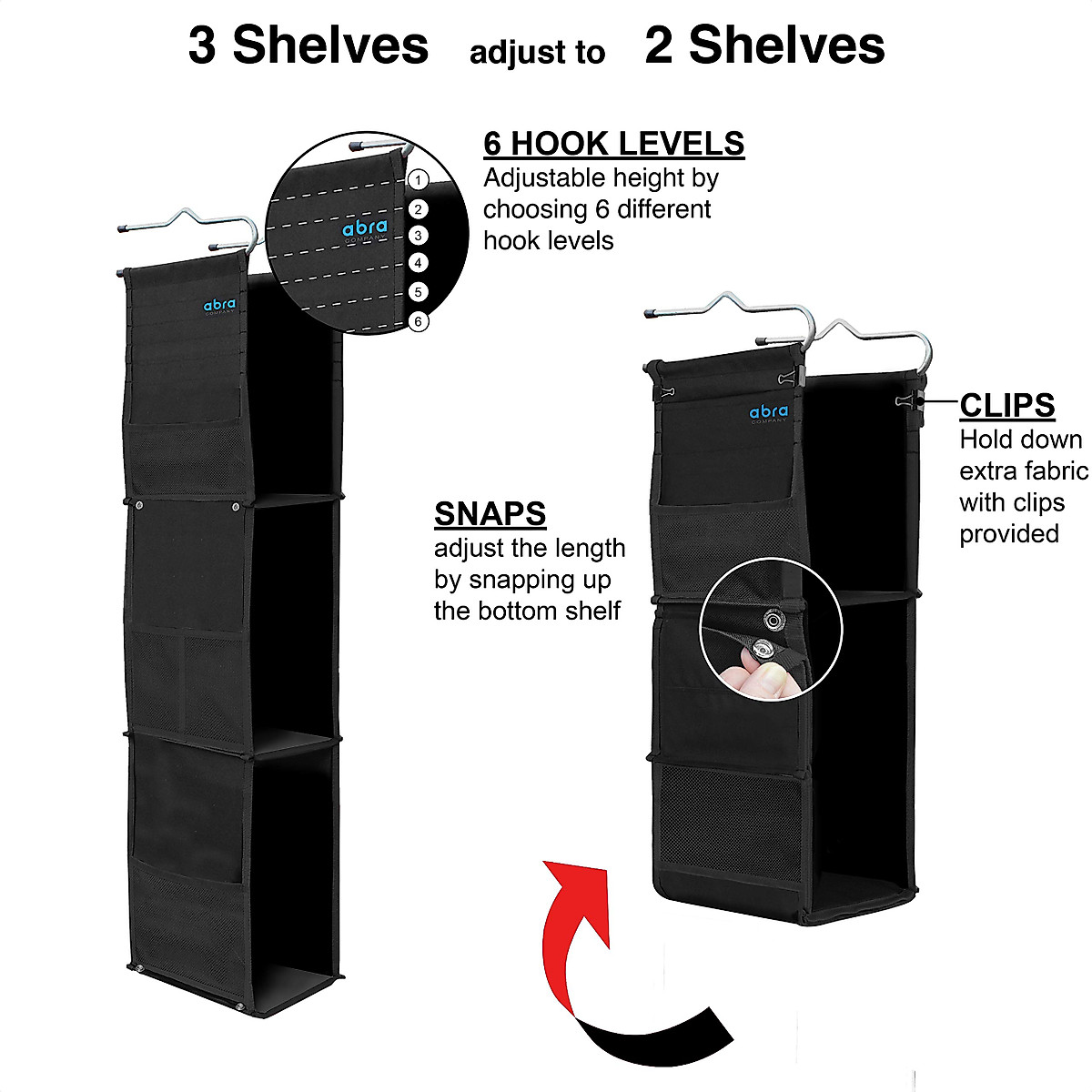 ABRA® 3 Shelf Hanging Locker Organizer for School, Work, Gym, Closet | Deep Shelves 6.5”x 9”| Eco-Friendly Fabric Healthy for Children | Adjustable School Locker Shelf from 3 to 2 Shelves (Pure Black)