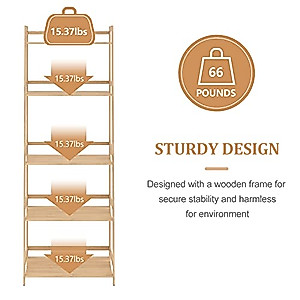 Noskatu Modern Ladder Bookshelf 5-Tier Wood Ladder Shelf for Books Movies Storage Shelf for Living Room Bathroom Kitchen Laundry Nature