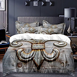 Flowers Fleur De Lis Duvet Cover Set Queen Include 1 Duvet Cover 2 Pillowcases Vintage Flower Iron Tin Antique Ornate Rustic Sign Wooden Comforter Cover Microfiber Soft Bedding Sets