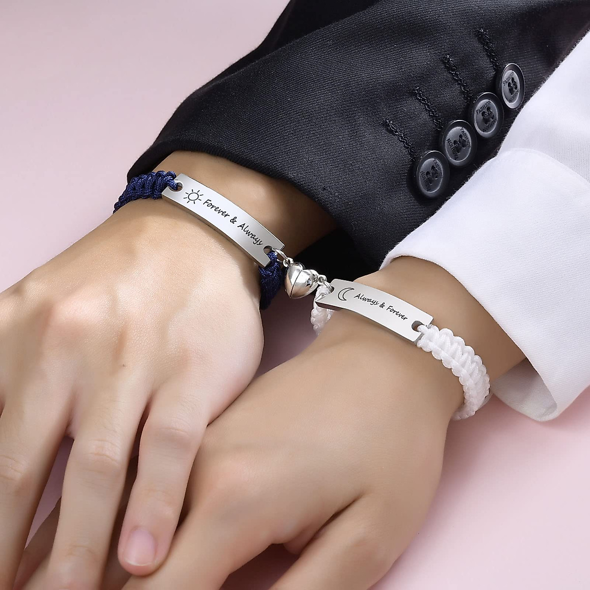 MEALGUET Always & Forever Bracelet Gift for Couples, Handmade Rope Braided Mutual Attraction Bracelets for Lovers, Stainless Steel His and Hers ID Bracelets Matching,One for her, One for him