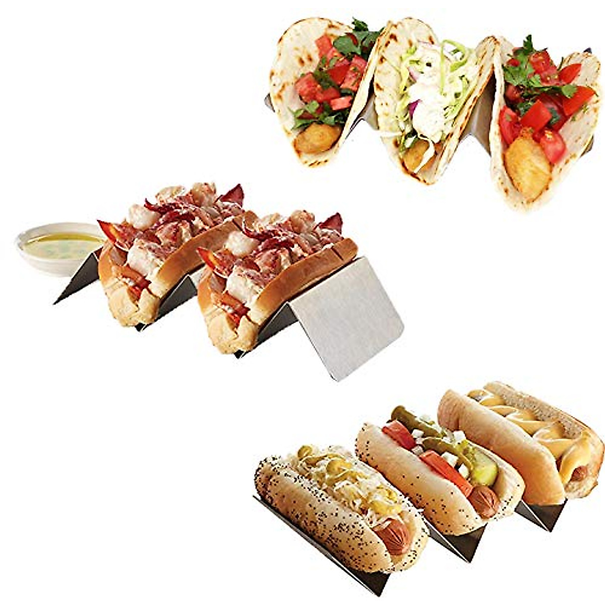 Set of 4 Metal Taco Holders - Stainless Steel Taco Trays- Dishwasher, Oven, and Grill Safe - Great for Sandwiches and Hotdogs too (4)