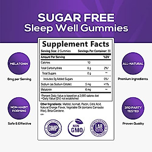 Sleep Gummies Sugar Free - Extra Strength 6mg Melatonin, Natural Sleeping Gummy for Adults and Kids, Vegan, Non-GMO, Sleep Vitamin Support Supplement - 60 Gummies