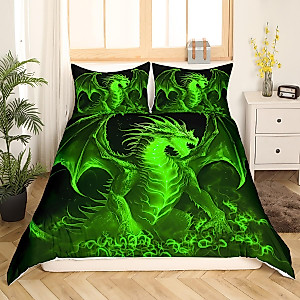 Castle Fairy Green Dragon Bedding Set Kids Boys Games Comforter Cover Flame Wild Animal Duvet Cover Room Decor Green Black Wildlife Bedspread Cover Twin Bedding Collection 2Pcs