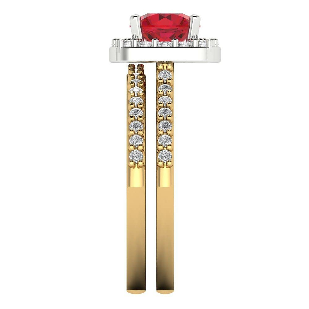 Clara Pucci 2.25ct Round Cut Laser Engraving Halo Pave Halo Ruby Engagement Bridal Wedding Ring Band set 18K Yellow White Gold Size 4.25