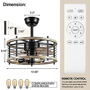 SHIHOT Caged Ceiling Fans with Lights and Remote, Farmhouse Rustic 20 Inch Fandelier Small Ceiling Fan with Light for Bedroom Kitchen Dining Living Room