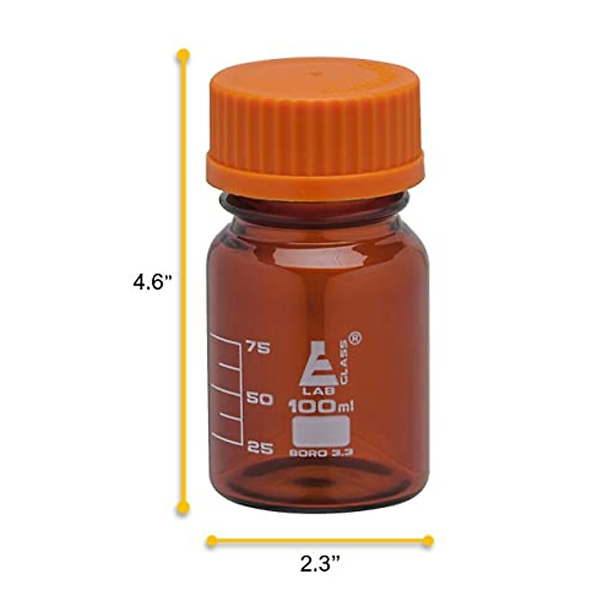 EISCO Reagent Bottle, 100ml - Amber Colored Glass - Orange Screw Cap, Drip Free Pouring Ring - White Graduations - Borosilicate 3.3 Glass