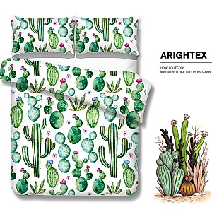 ARIGHTEX Green Cactus Pattern Bedding Sets Watercolor Cactus Collection Duvet Cover 3 Pieces Tropical Plant Bedspread Hand Painted Design Home Decor (Twin)