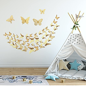 3D Gold Butterfly Wall Decor 3 Sizes 4 Styles Butterfly Party Decorations Cake Decorations Removable Stickers Wall Decor Room Mural Metallic Kids (Gold, 96Pcs)