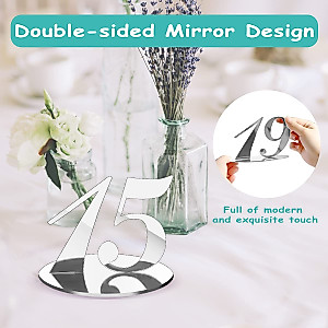 Rely2016 Mirrored Table Number, 1-20 Wedding Table Numbers Stands with Holder Base Acrylic Table Numbers Place Card Holders Reception Décor for Wedding Banquet Birthday Party Event Catering (Silver)