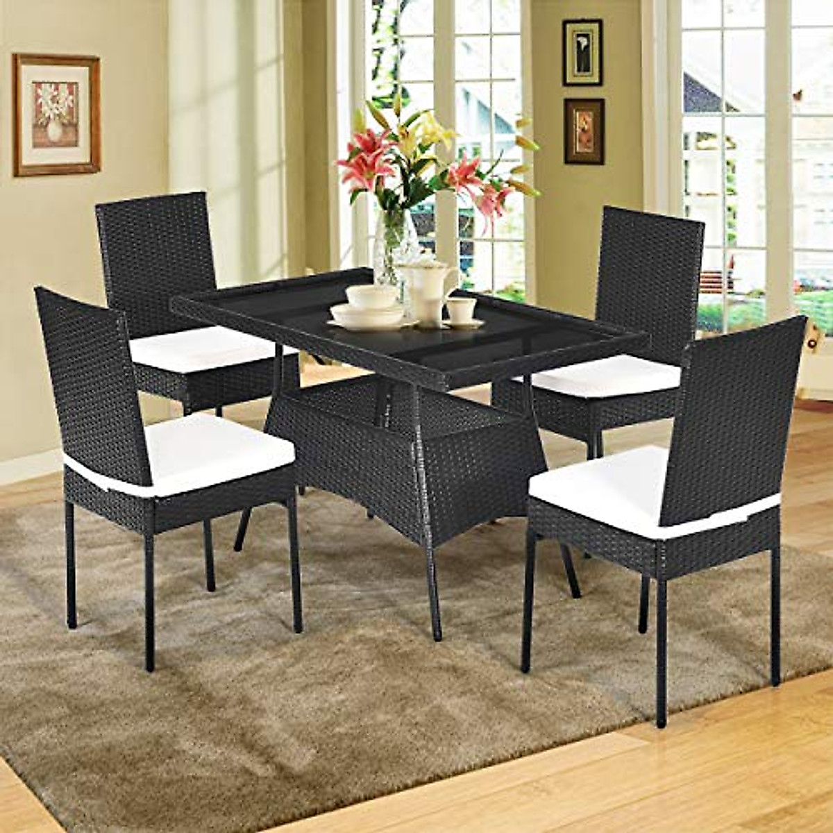 Tangkula 5 Piece Wicker Patio Dining Set, Outdoor Rattan Table & Chairs Set with Tempered Glass Top & Padded Cushions, Patio Furniture Dining Table Set for Balcony Patio Garden Poolside