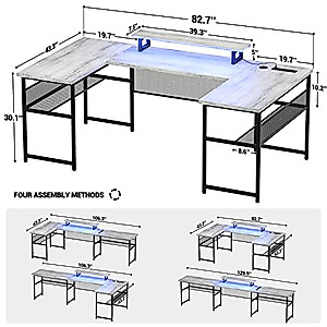 Unikito U Shaped Computer Desk with Power Outlet and LED Strip, Reversible L Shaped Office Desk with Monitor Stand and Bookshelf, Modern U- Shape Corner Desk, 130 Inch 2 Person Gaming Table, White Oak