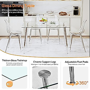 Ufurpie 5 Piece Glass Dining Table Set,47" Kitchen Table and Chairs for 4,Clear Dining Room Table Sets w/Silver Chrome Legs,Modern Dining Room Sets for Home, Kitchen, Dining Room(Silver)