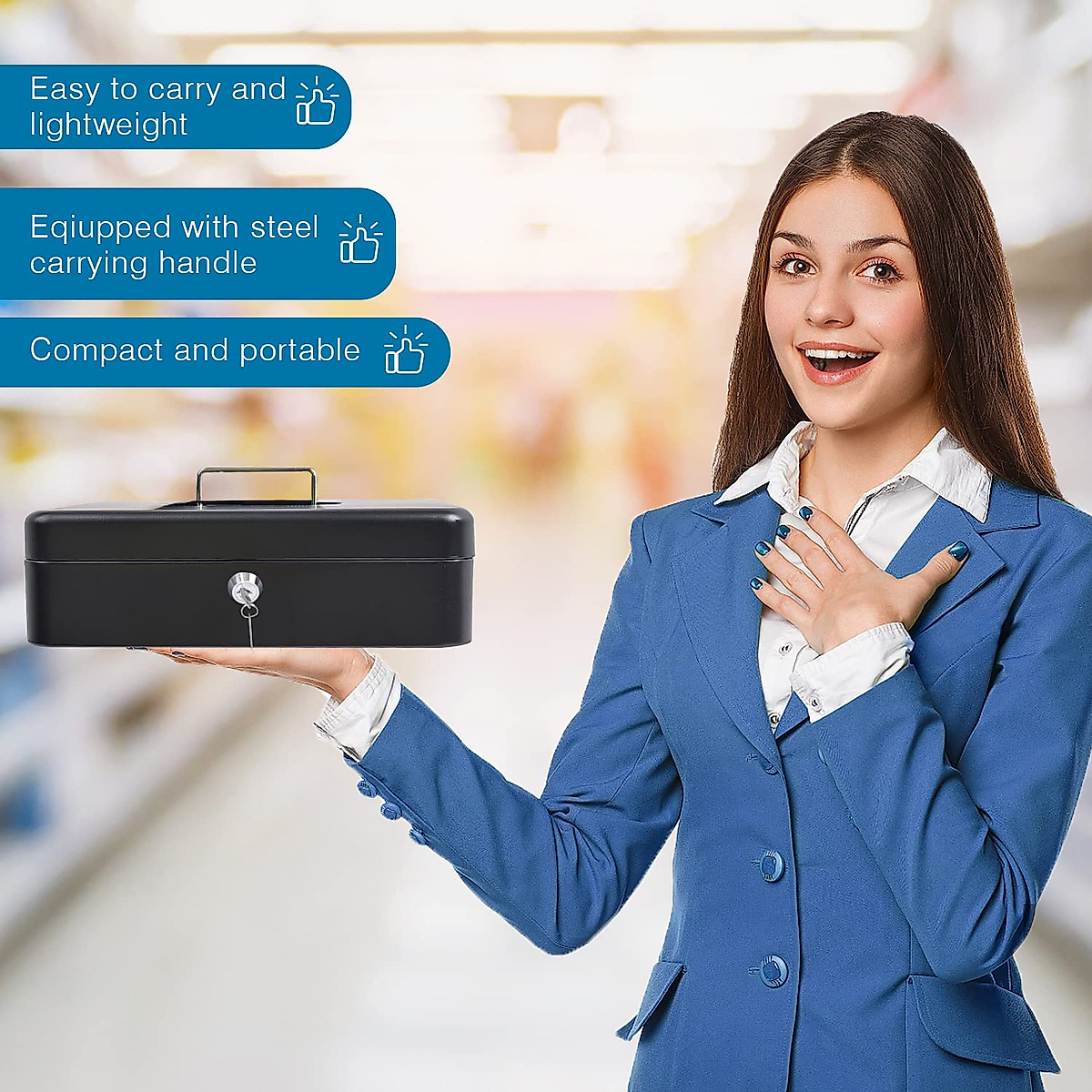 INFUN Cash Box with Money Tray, Durable Large Steel Money Boxes, 5 Compartment Tray, 4 Spring-loaded, come with 2 key, Black